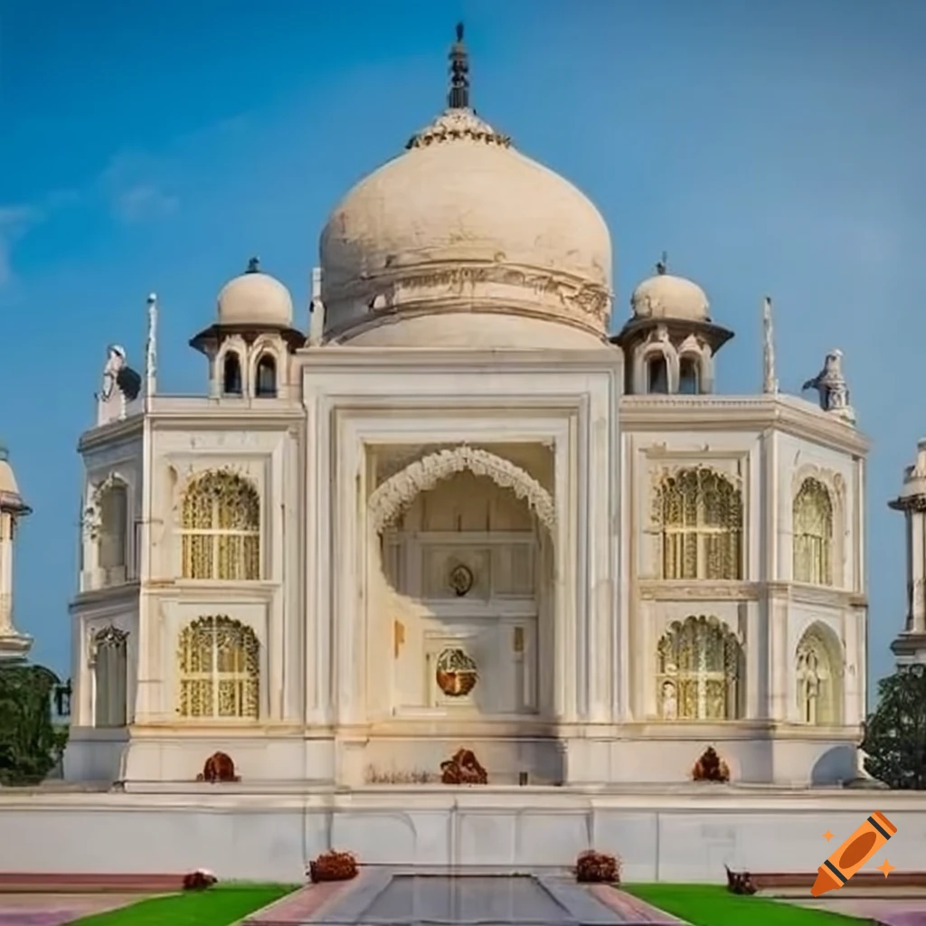 Frontal elevation of a mughal mahal white house on Craiyon
