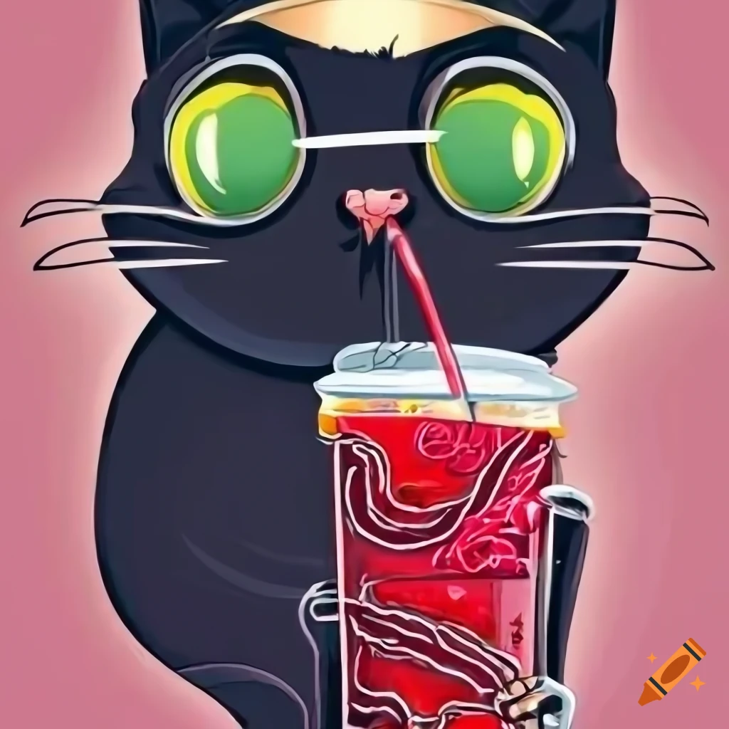 Cartoon art of a black cat drinking a soda on Craiyon