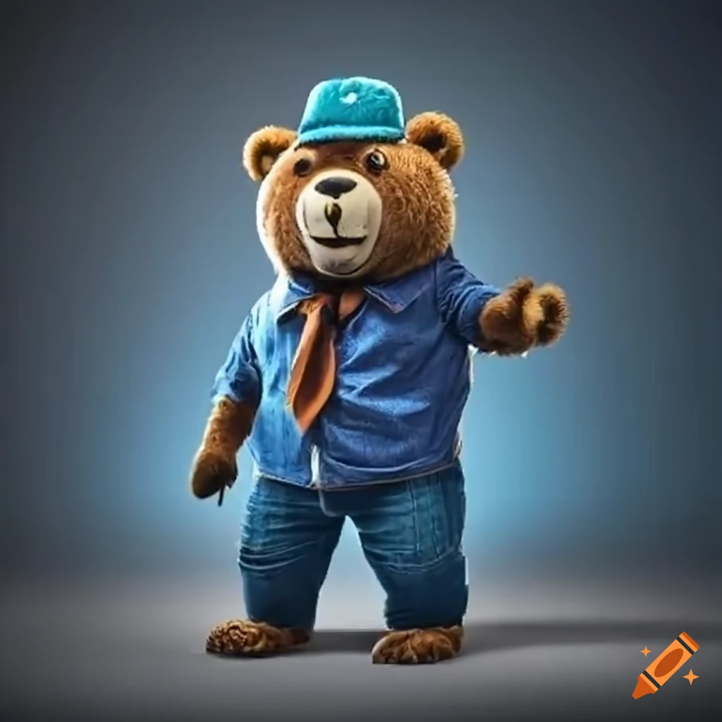 Friendly bear mascot with tie, blue jeans, and baseball hat on Craiyon