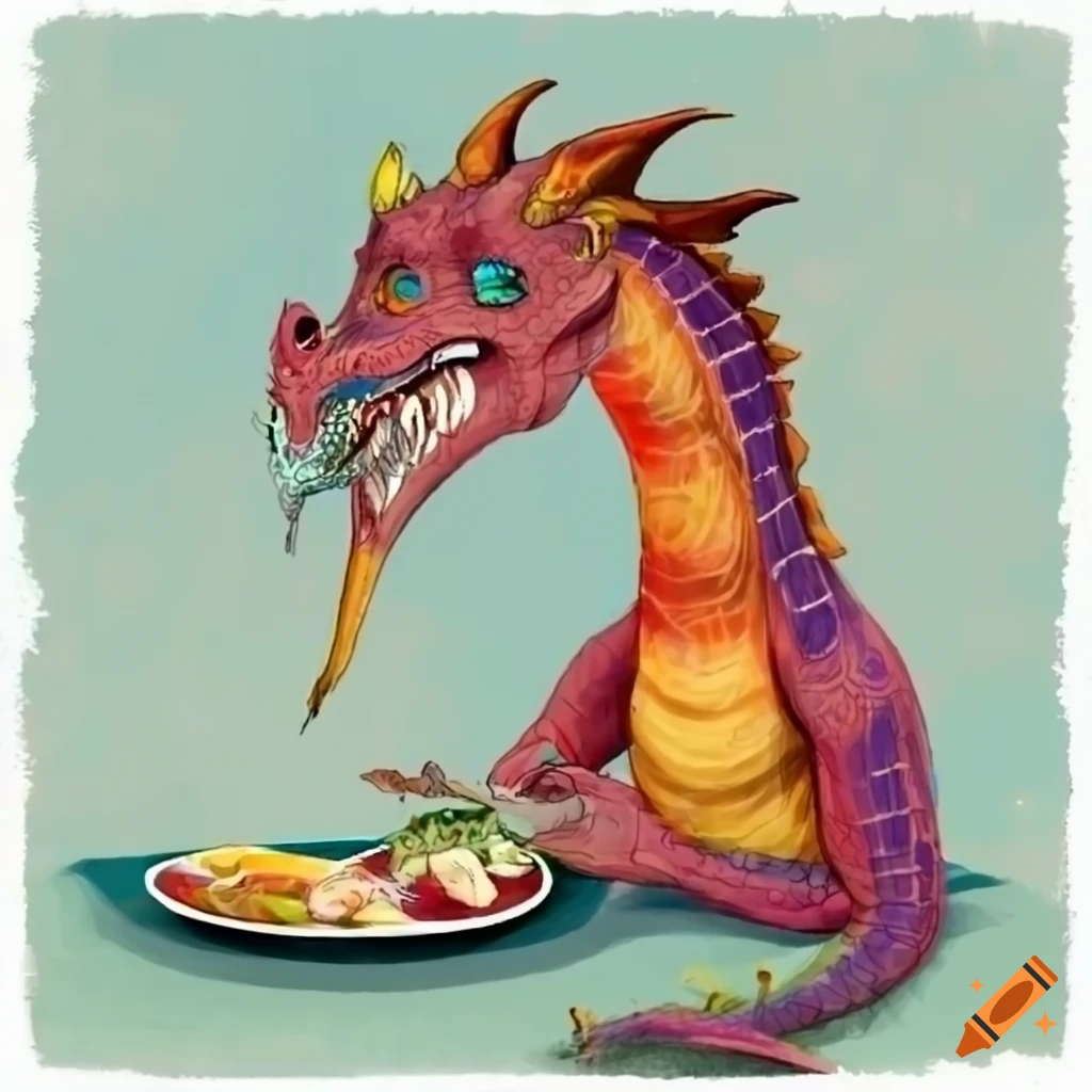 Cute horned dragon eating ramen noodles on Craiyon