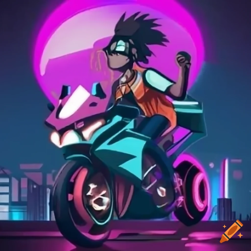Anime-style image of a motorcycle and musical notes
