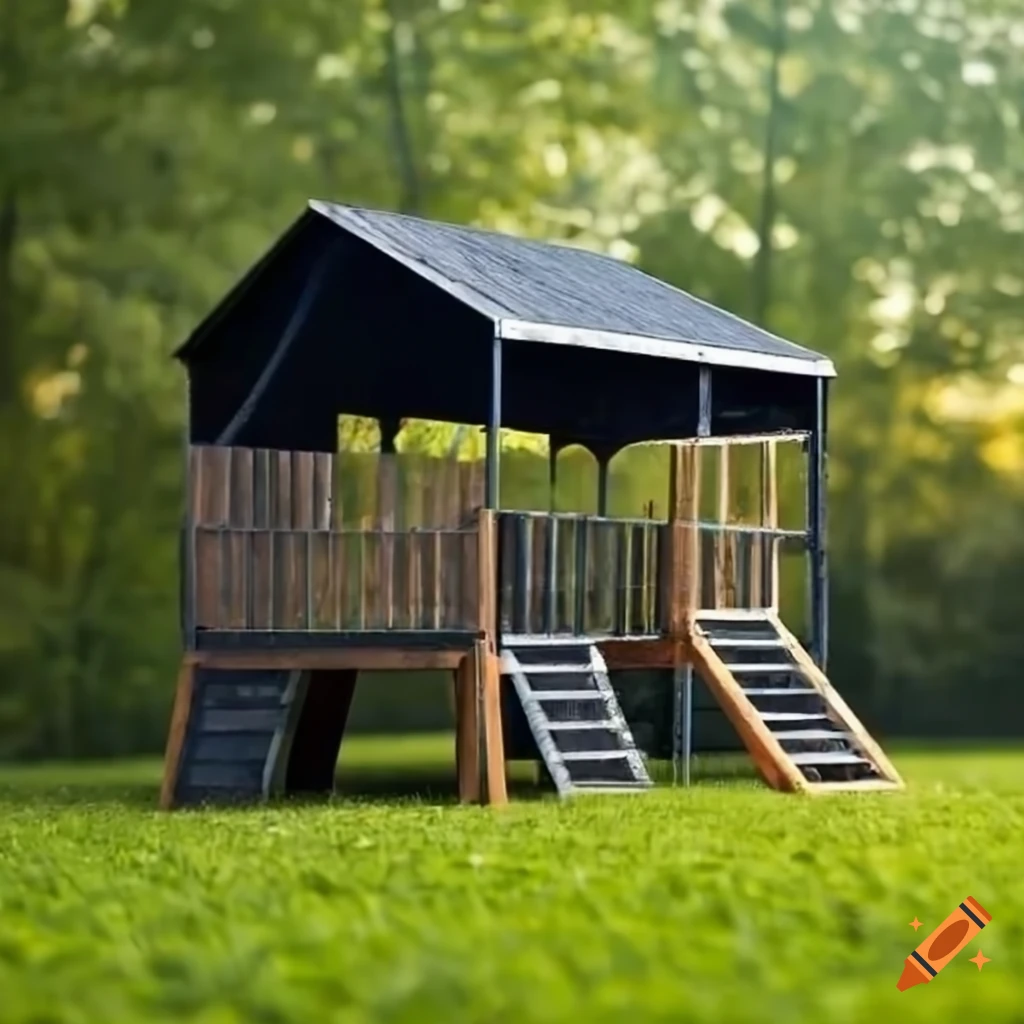 Black metal and carpet backyard fort