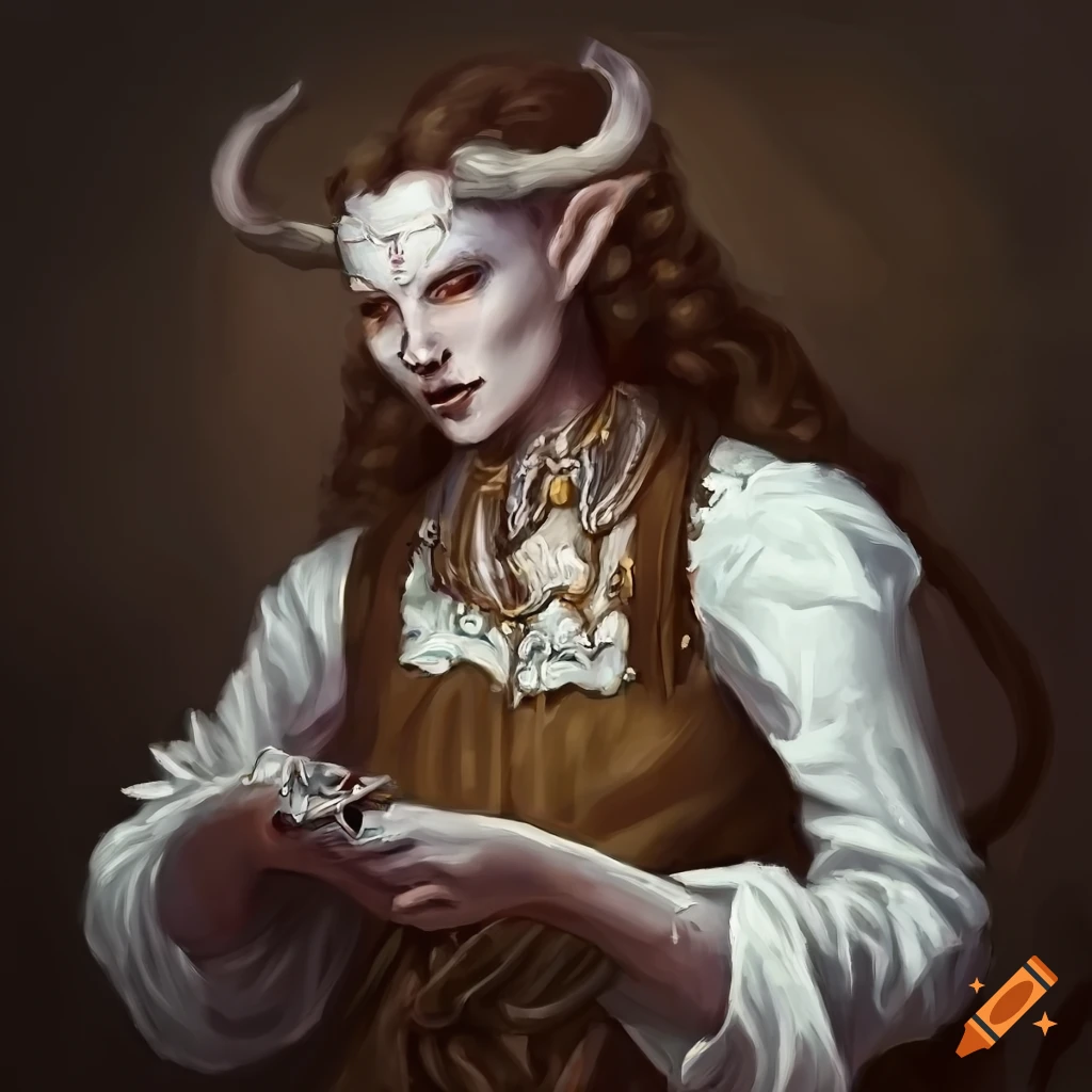 Oil painting of a mysterious tiefling character on Craiyon
