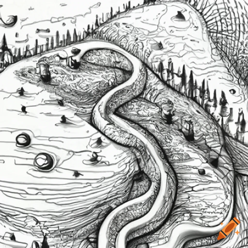 Hand-drawn black and white map with a single pathway on Craiyon