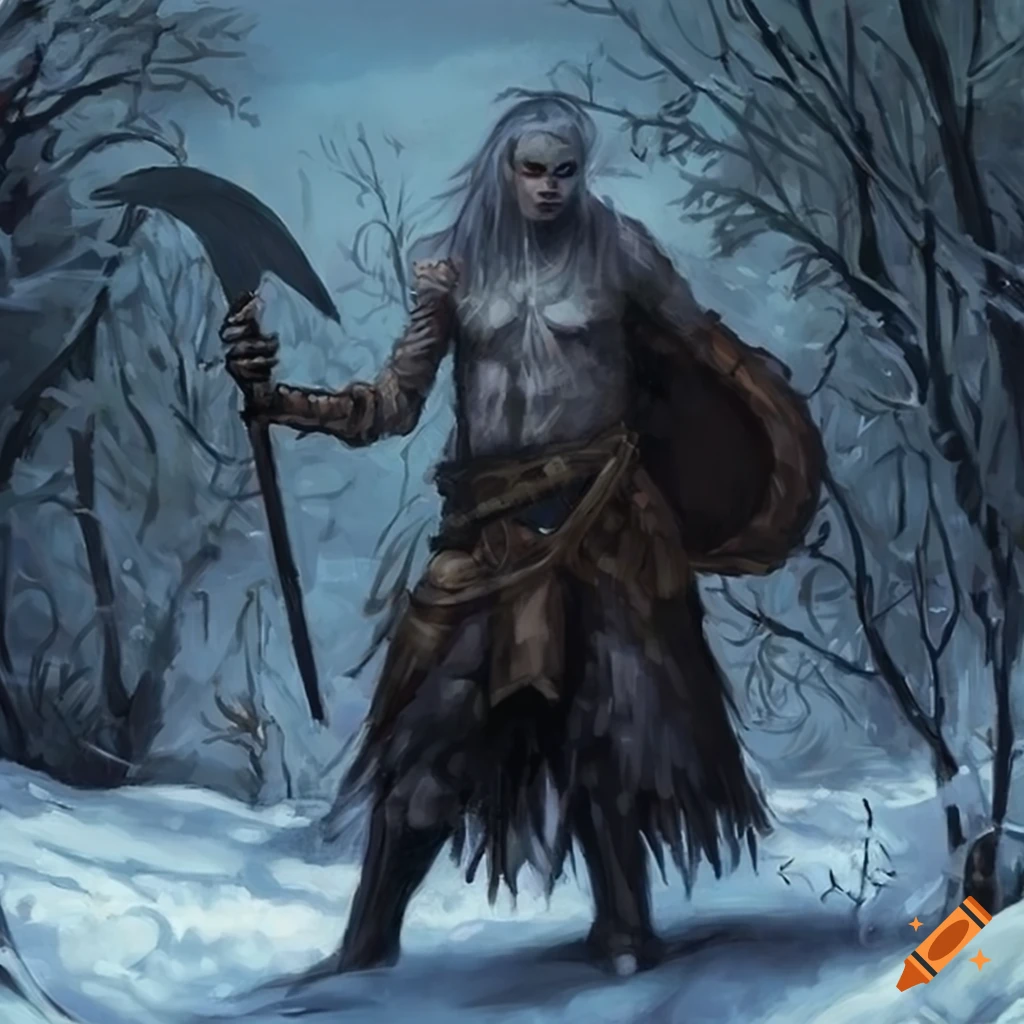 Oil painting of a gray-skinned warrior sneaking through a snowy field on Craiyon