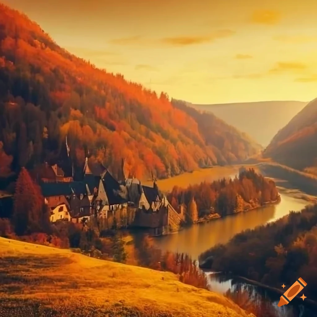 Fall scenery with gothic village and river on Craiyon