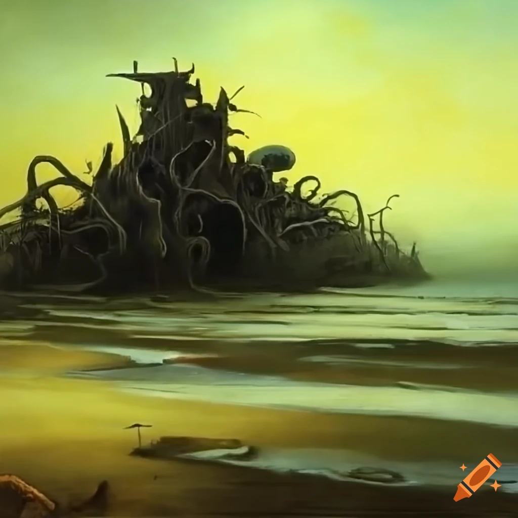 Surreal painting of a desolate beach with twisted figures on Craiyon