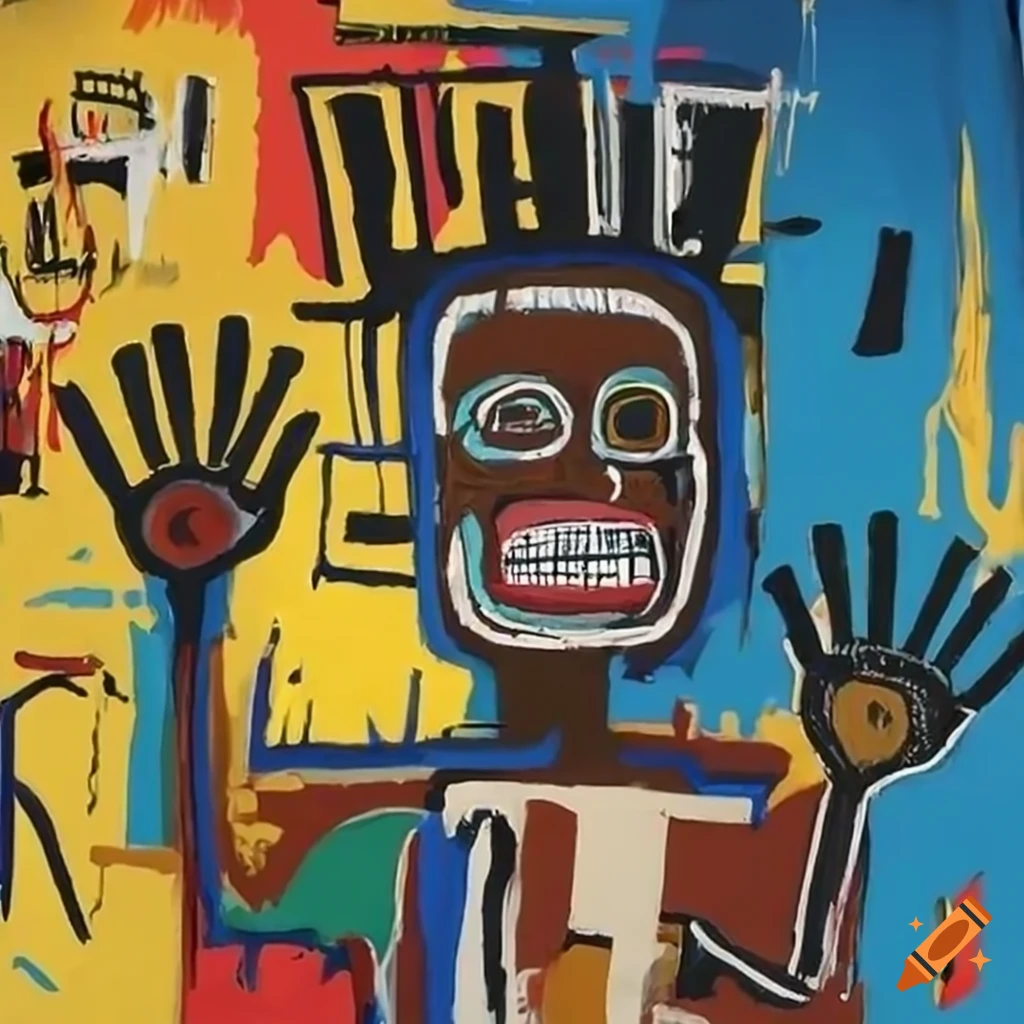 Man with hands up in front of basquiat symbol paintings on Craiyon