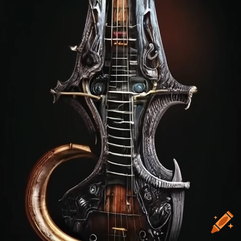 Intricately carved wooden lyre with twisting vines for a fantasy world ...