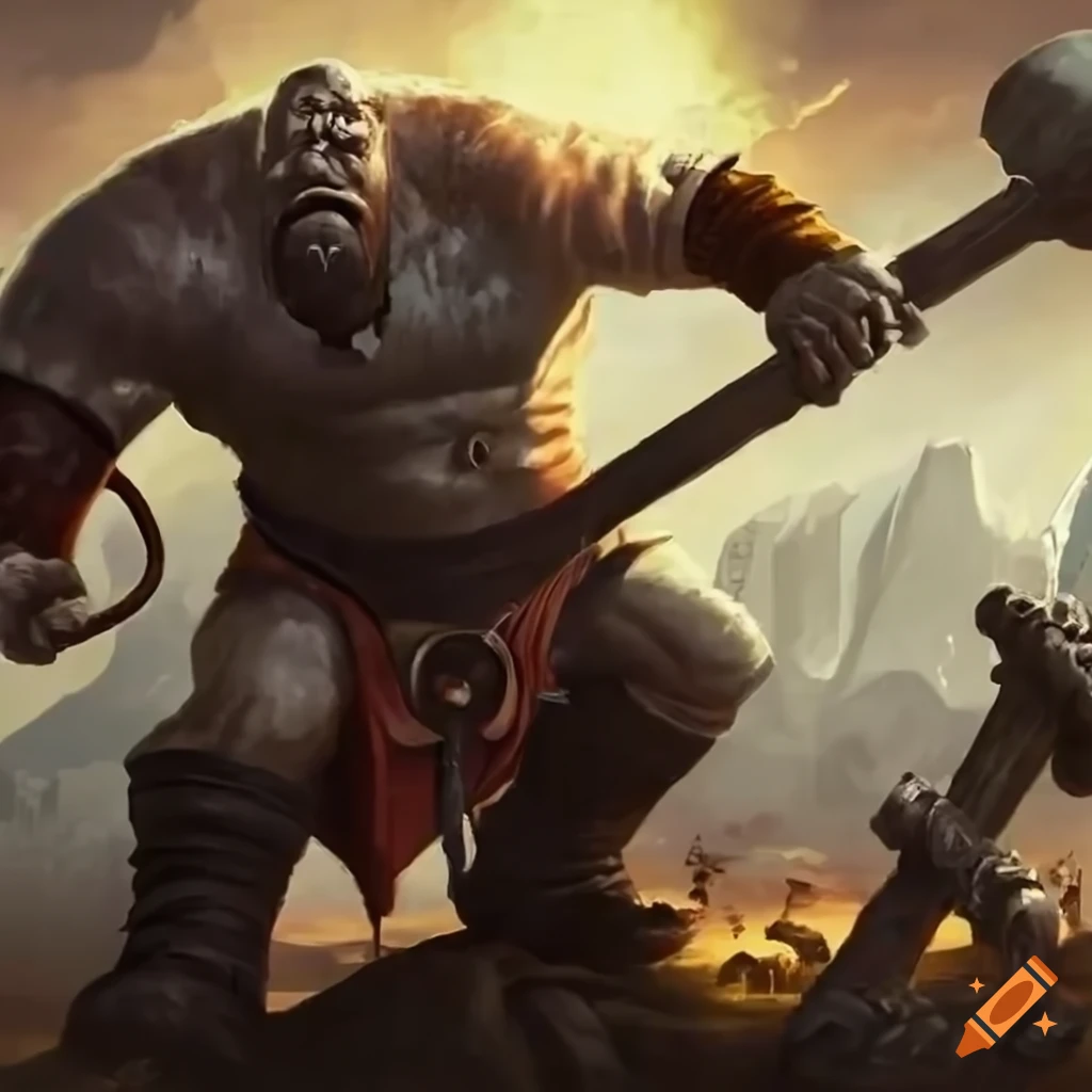 Illustration of a powerful Goliath warrior with a pole hammer on Craiyon