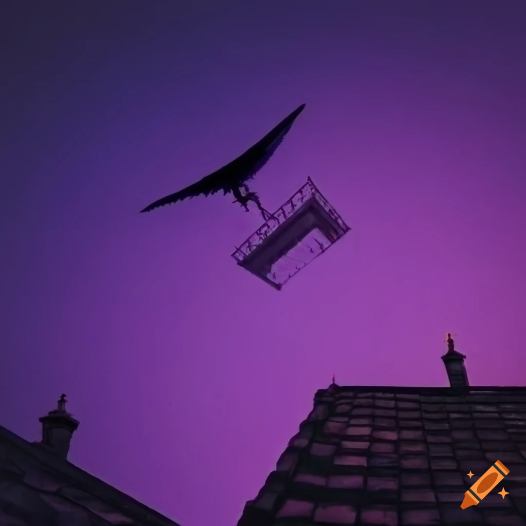 Flying table above city rooftops