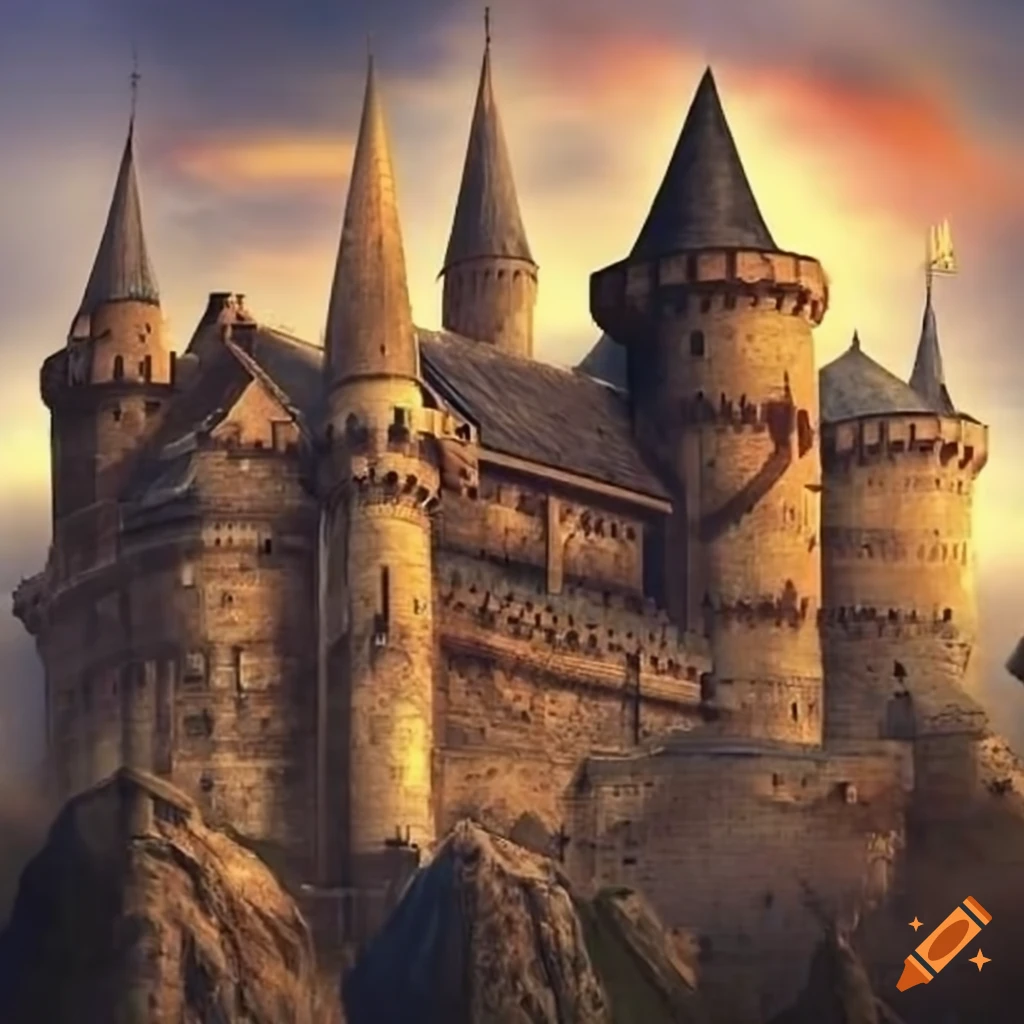 Medieval gray castle surrounded by summer spruce trees in a distance on ...