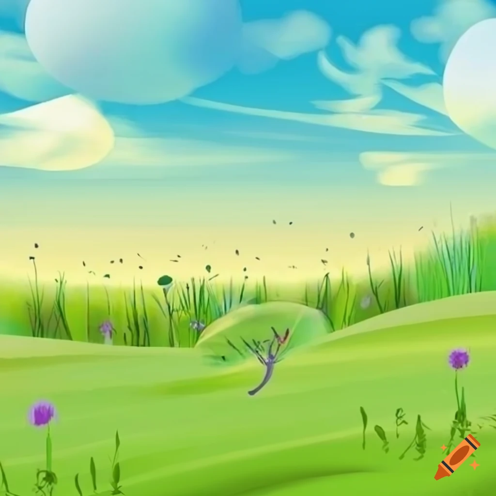 Cartoon illustration of a peaceful meadow on Craiyon