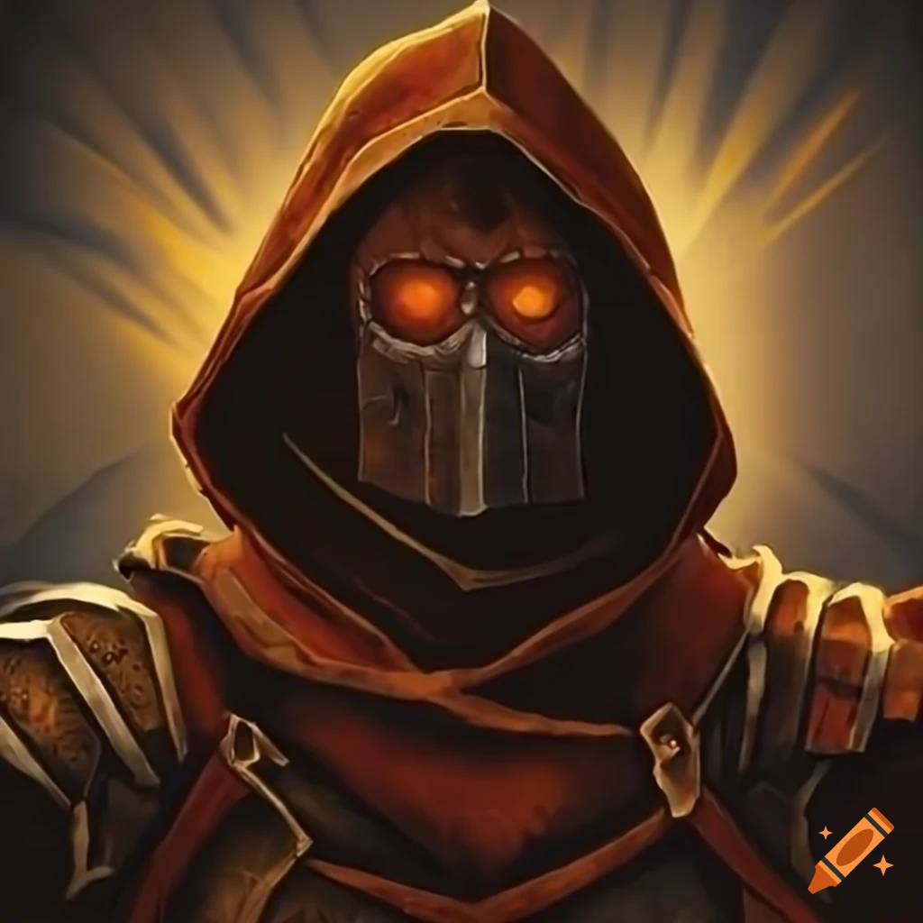Image of a hooded knight with orange eyes on Craiyon