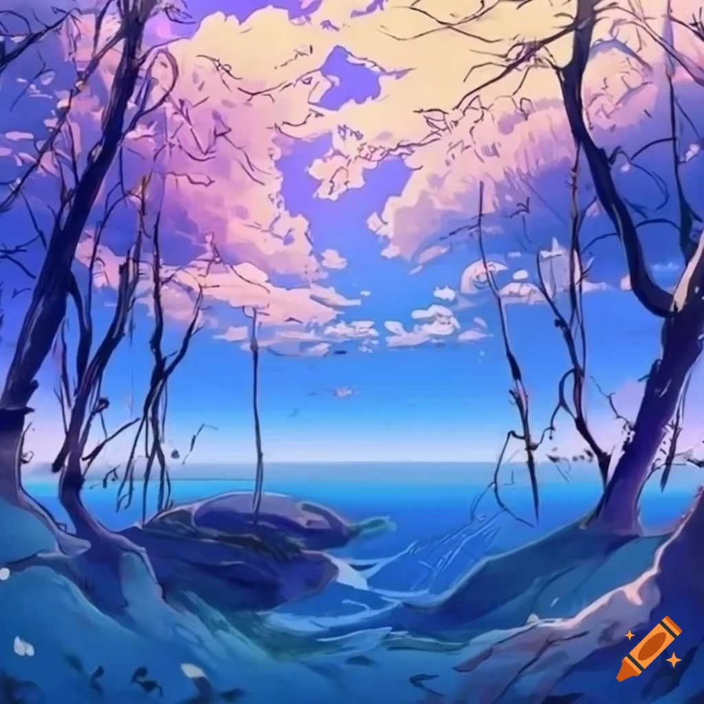 Blue tinted anime landscape on Craiyon