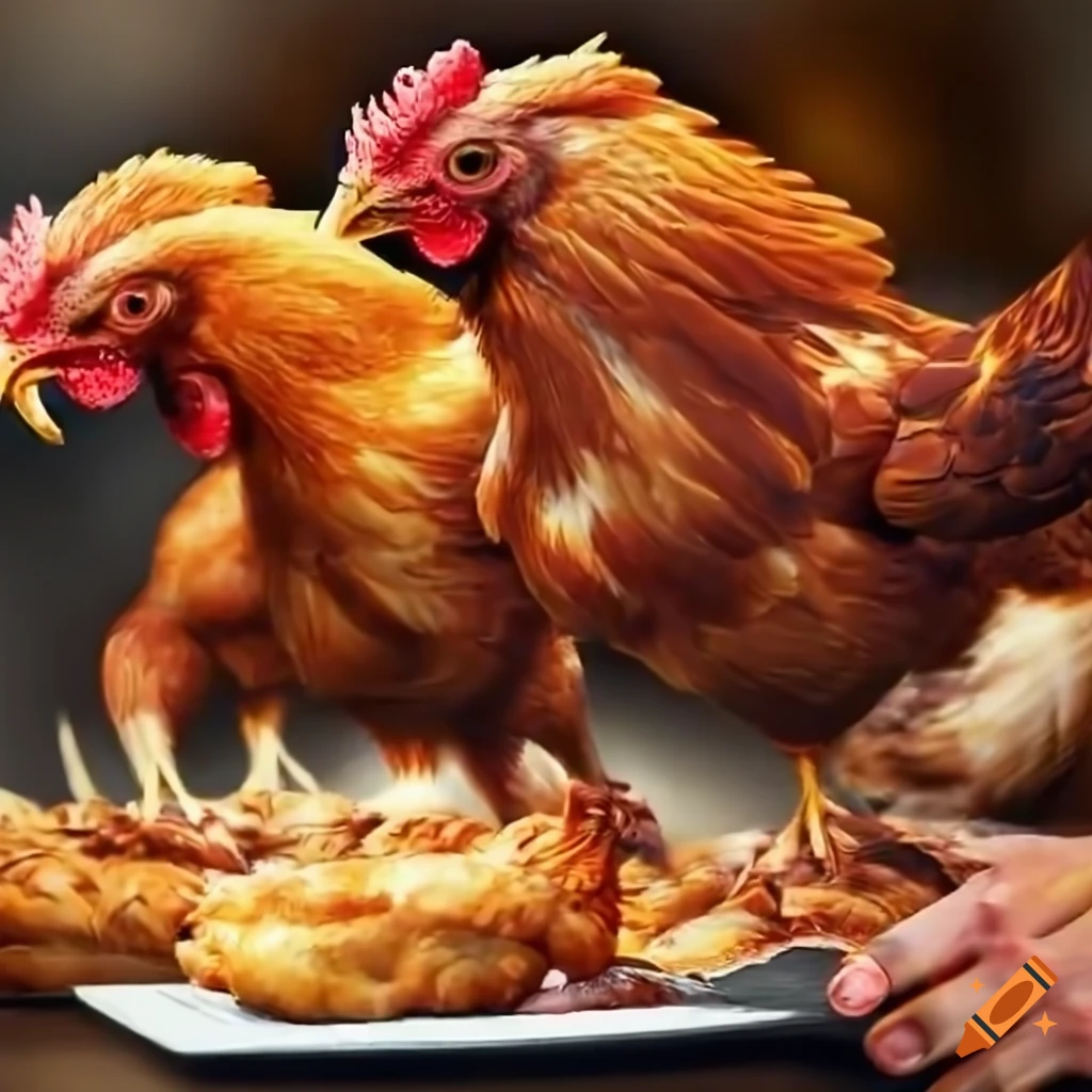 Chickens eating chicken wings