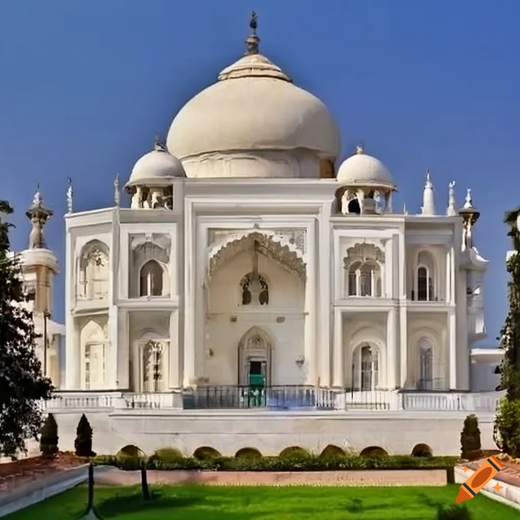 Frontal view of Mahal White House in Mediterranean style on Craiyon