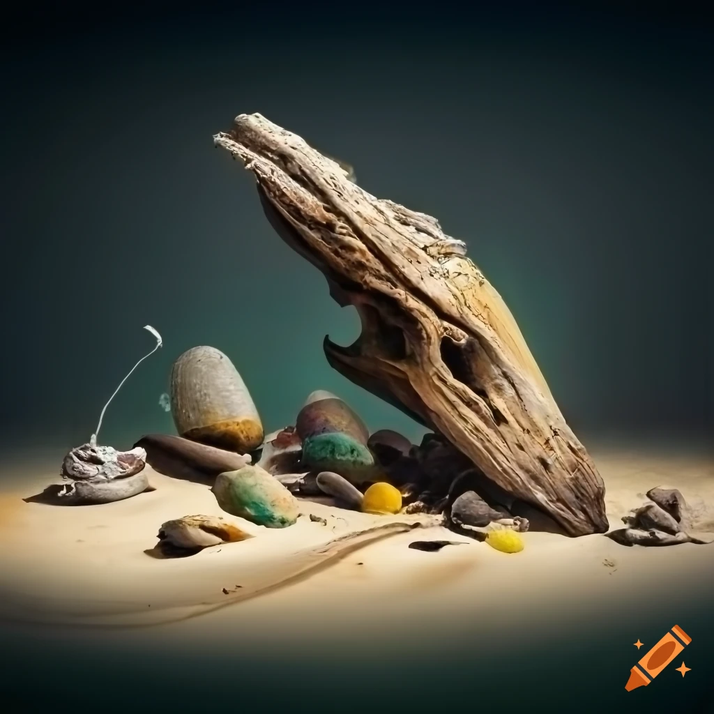 Sculpted still life artwork on a serene beach on Craiyon