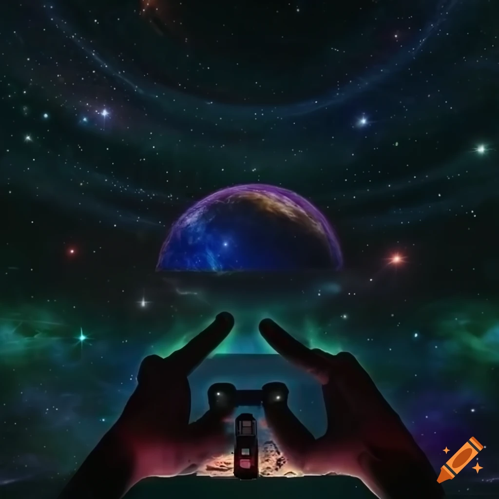 Cosmic oasis with gamers immersed in the experience on Craiyon