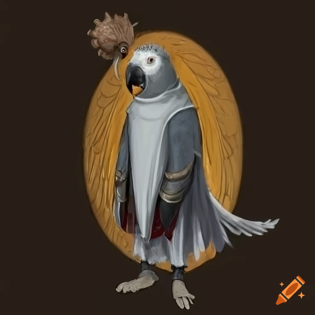 Detailed artwork of a parrot in armor and cloak