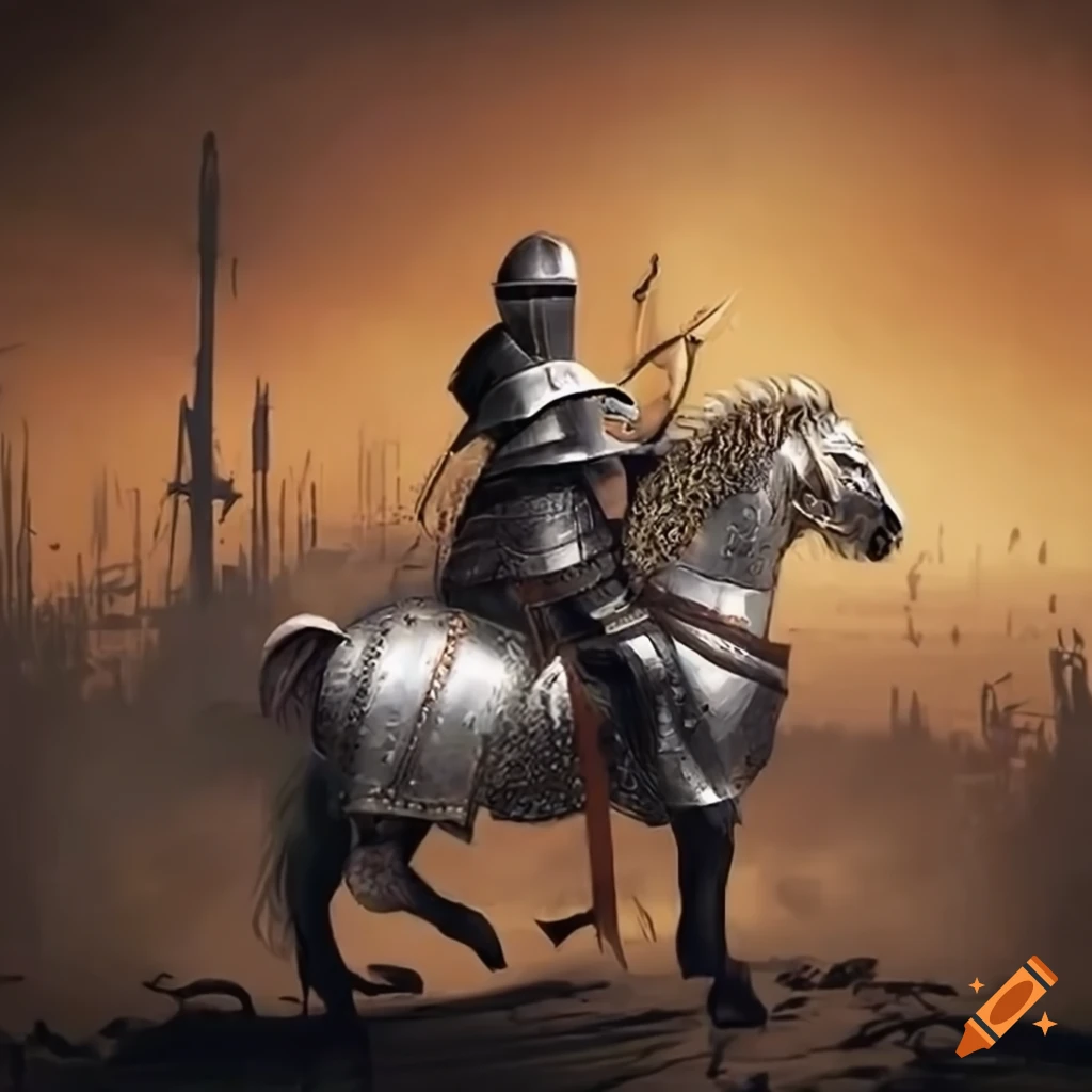 Image of a knight riding a white horse in a barren wasteland on Craiyon