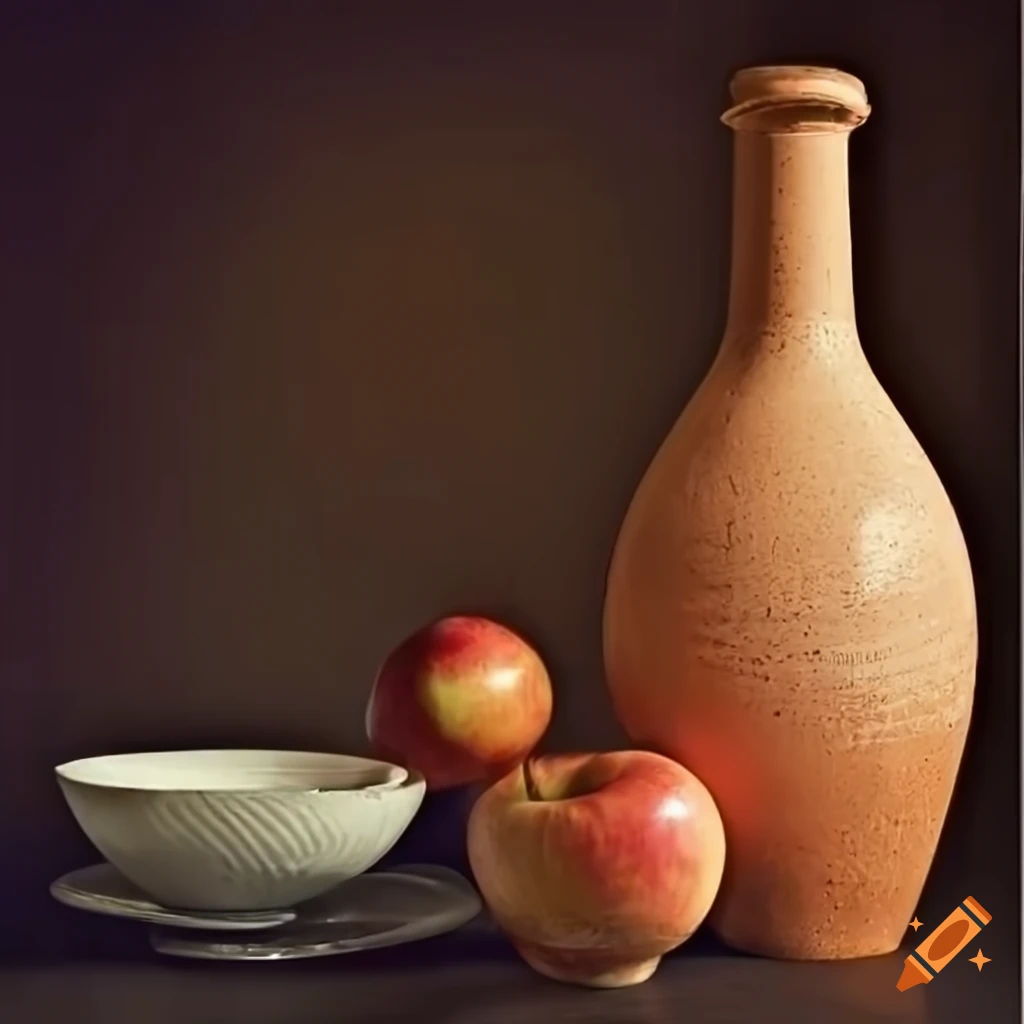 Clay pot with wine bottles and apple on porcelain bowl