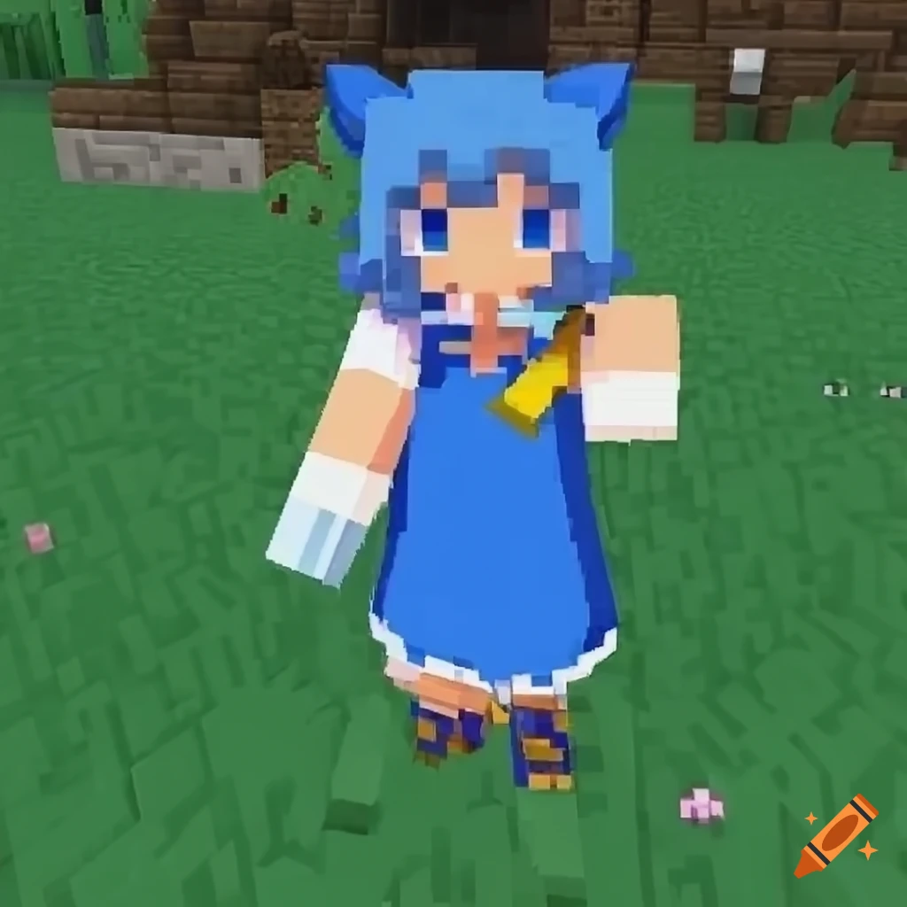 Cirno character playing minecraft on Craiyon