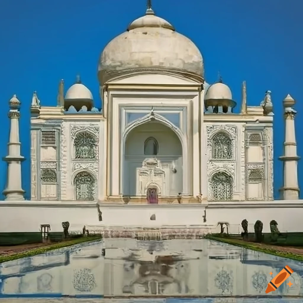 Frontal view of Mahal White House in Mediterranean architectural style on Craiyon