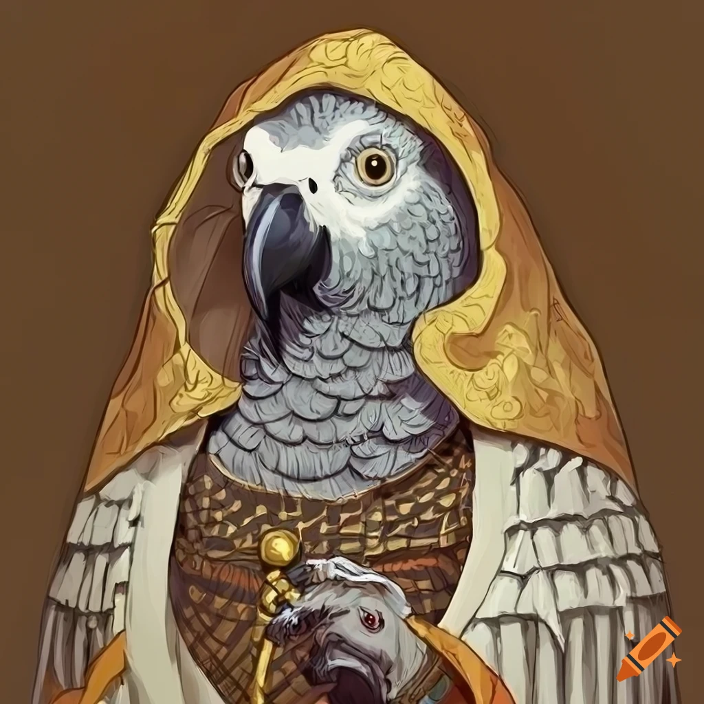 Illustration of an anthropomorphic bird in cleric cloak on Craiyon