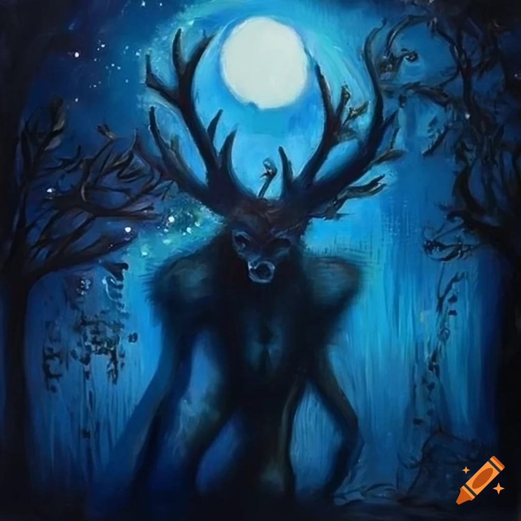 Blue demon with antlers flying in the night sky on Craiyon