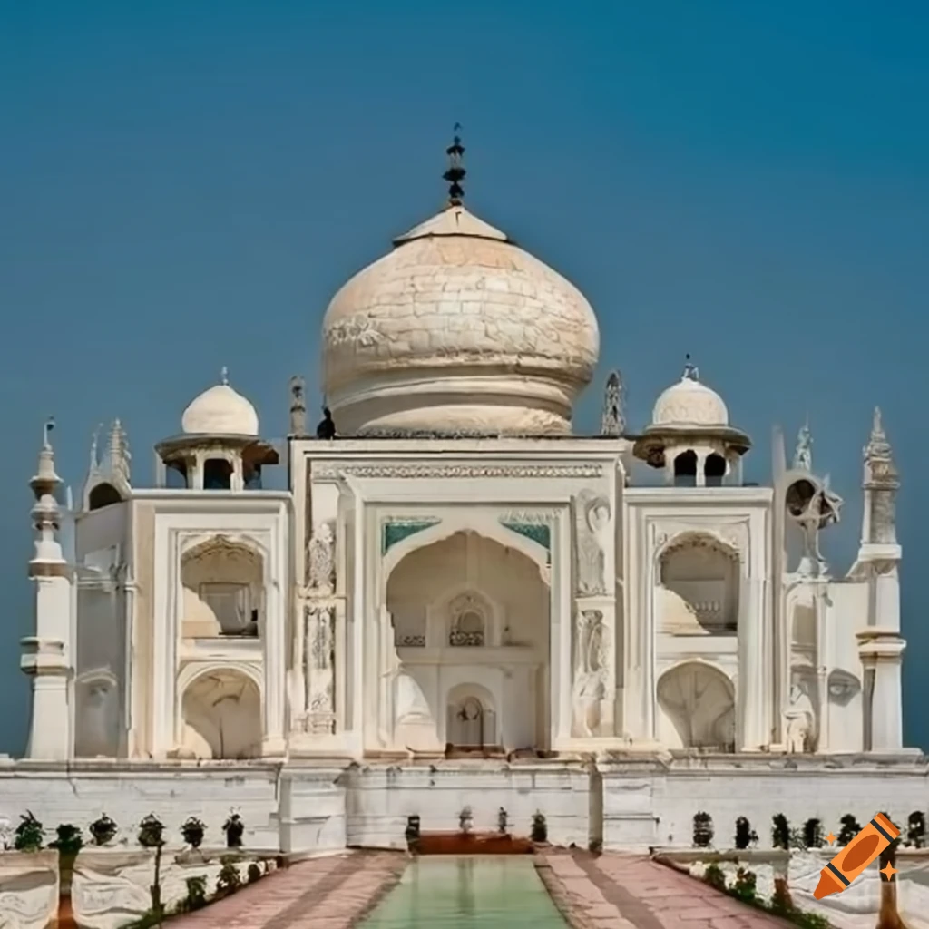 Front view of mahal white house in mediterranean architectural style on ...