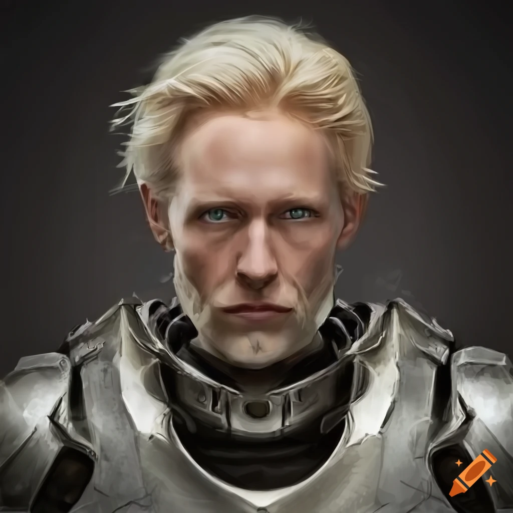 Portrait of an older man in power armor