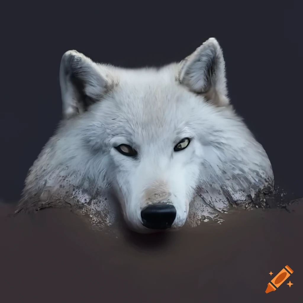 Realistic artwork of a muddy white wolf with closed eyes on Craiyon