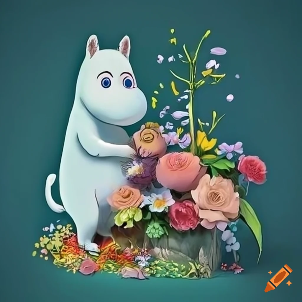 Vibrant flower arrangements with moomin characters on Craiyon