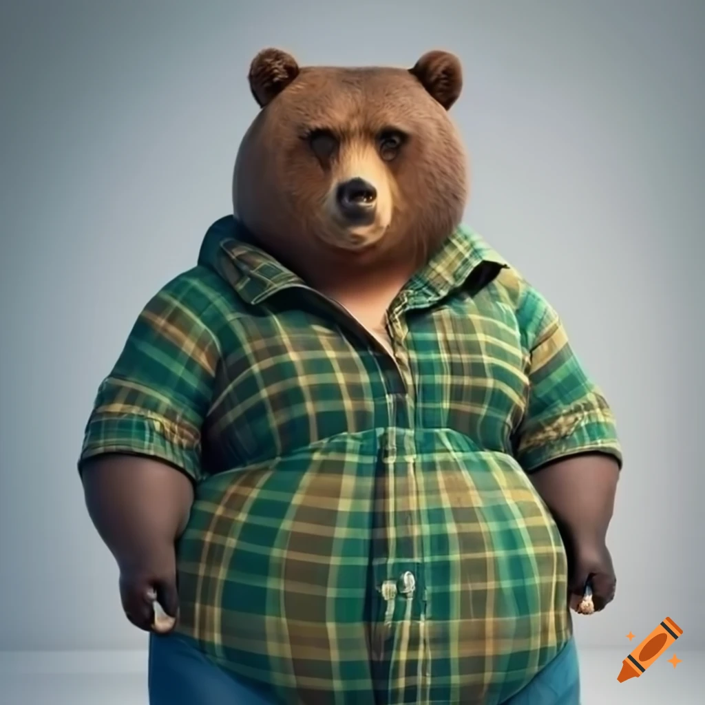 Anthropomorphic female bear wearing a plaid shirt and denim pants on ...