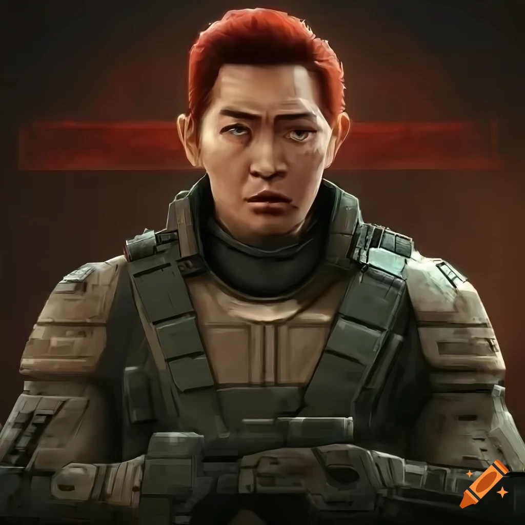 Photorealistic portrait of an asian male soldier in a sci-fi spaceship ...