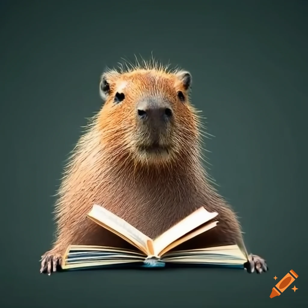 Capybara sitting and reading a book on Craiyon