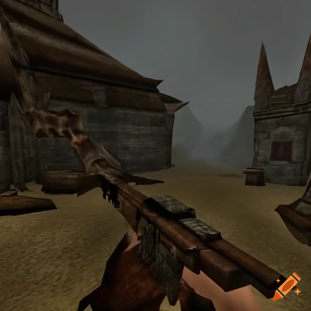 Screenshot of a gloomy medieval-themed first person shooter game on Craiyon