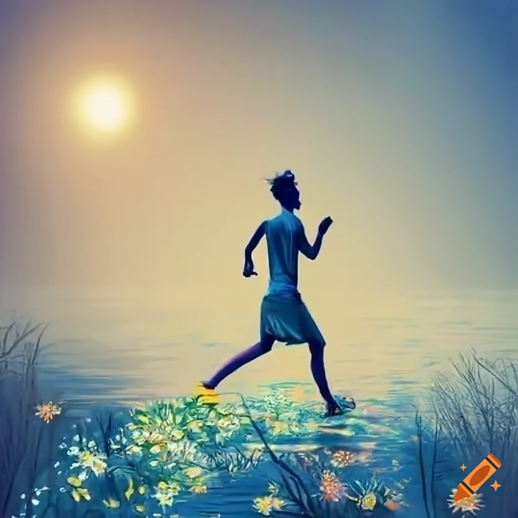 Young man running by the river enjoying nature on Craiyon