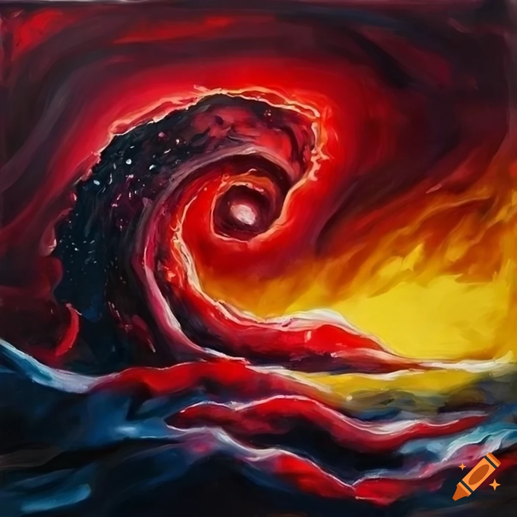 Oil painting of a catastrophe with violet sky and green radioactive ...