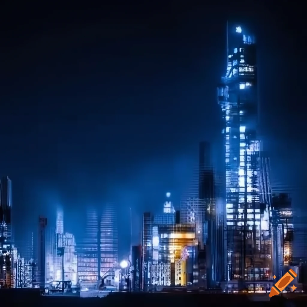 High-tech factory illuminated at night