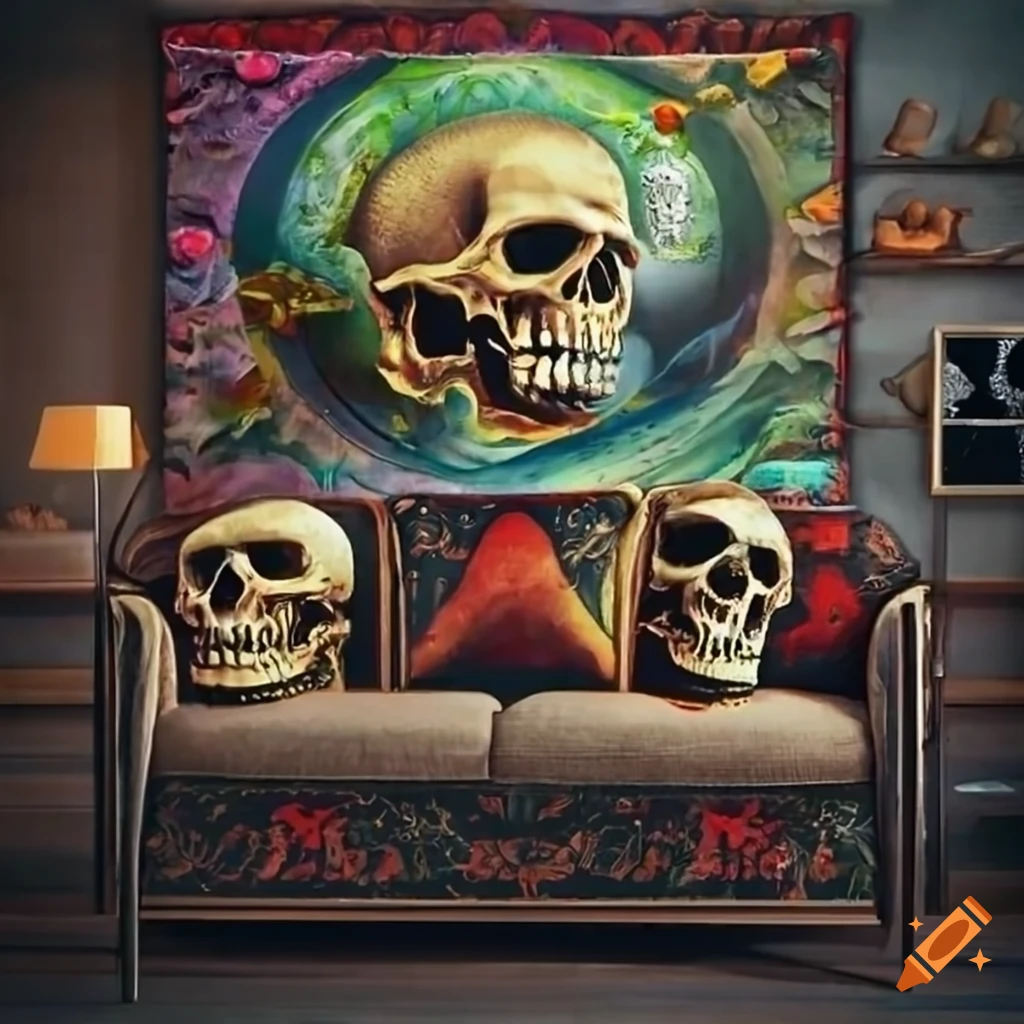 Punk living room with skulls and television on the sofa on Craiyon