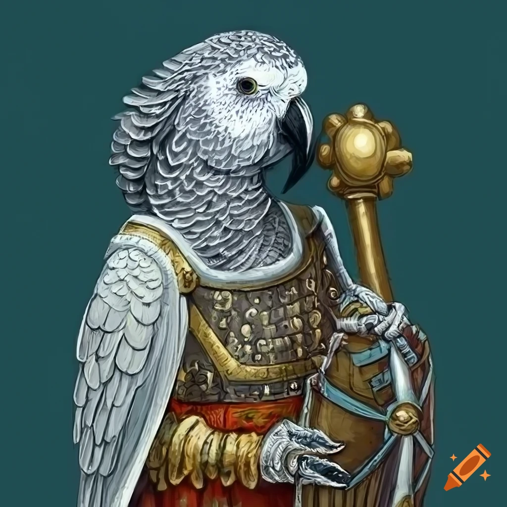 Illustration of anthropomorphic parrot in cleric cloak and armor on Craiyon