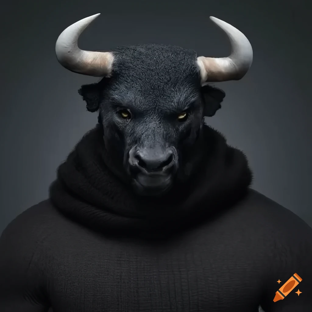 Photorealistic black minotaur with white horns and a turtleneck sweater ...