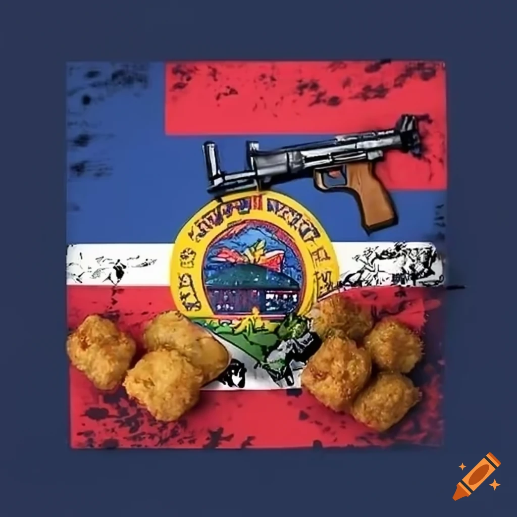 Minnesota flag with guns, fish, and tater tots