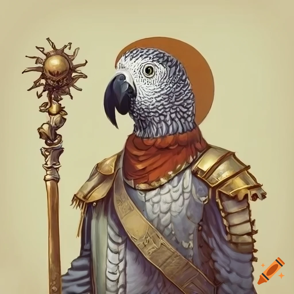 Detailed illustration of an anthropomorphic parrot in armor and cloak ...