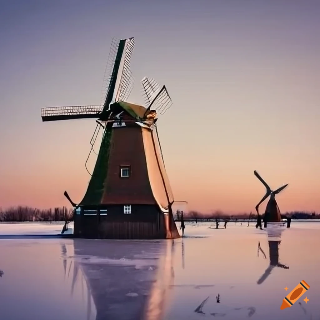 Windmill in mountain range by river with hotel at night on Craiyon