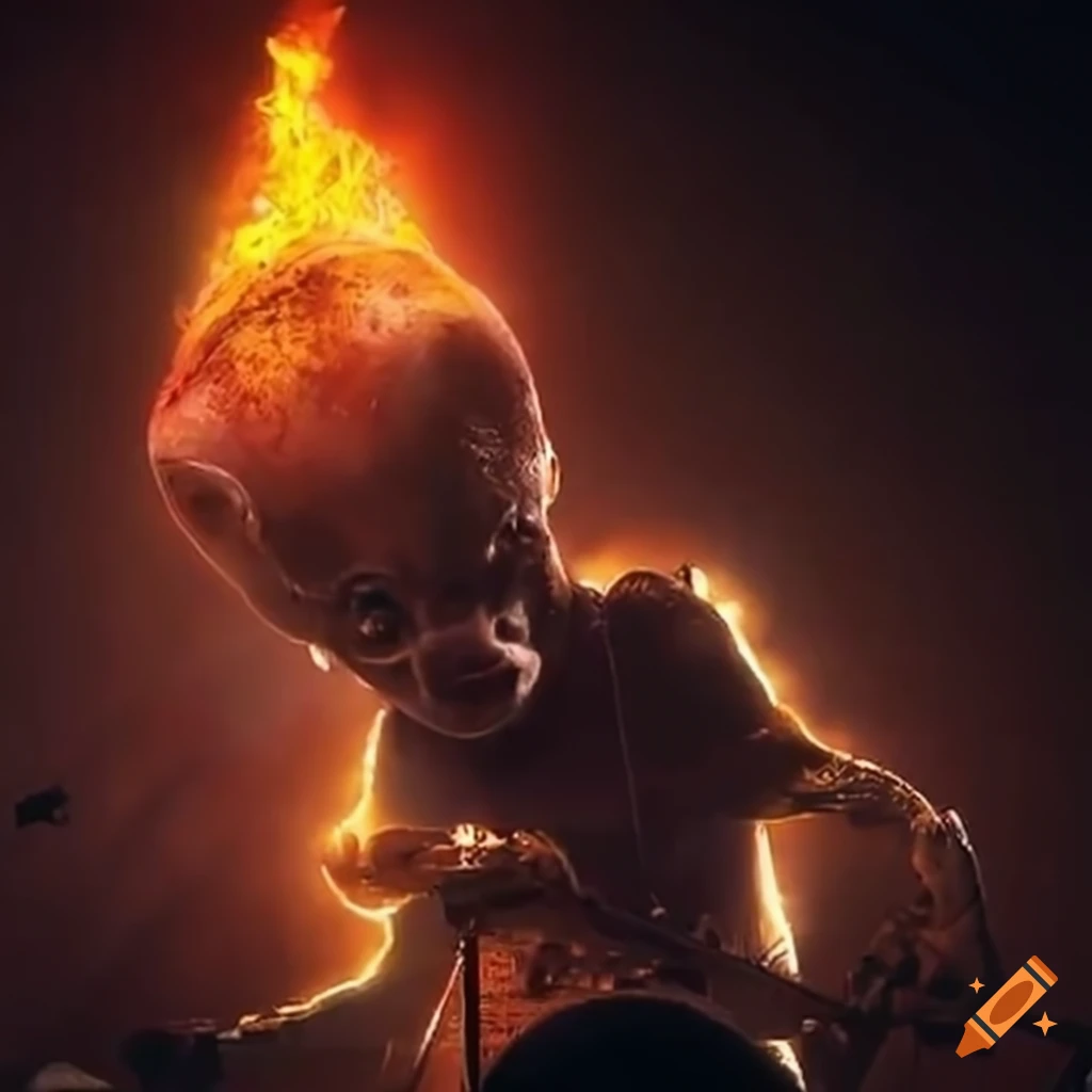 Image of a stage on fire with aliens playing music on Craiyon