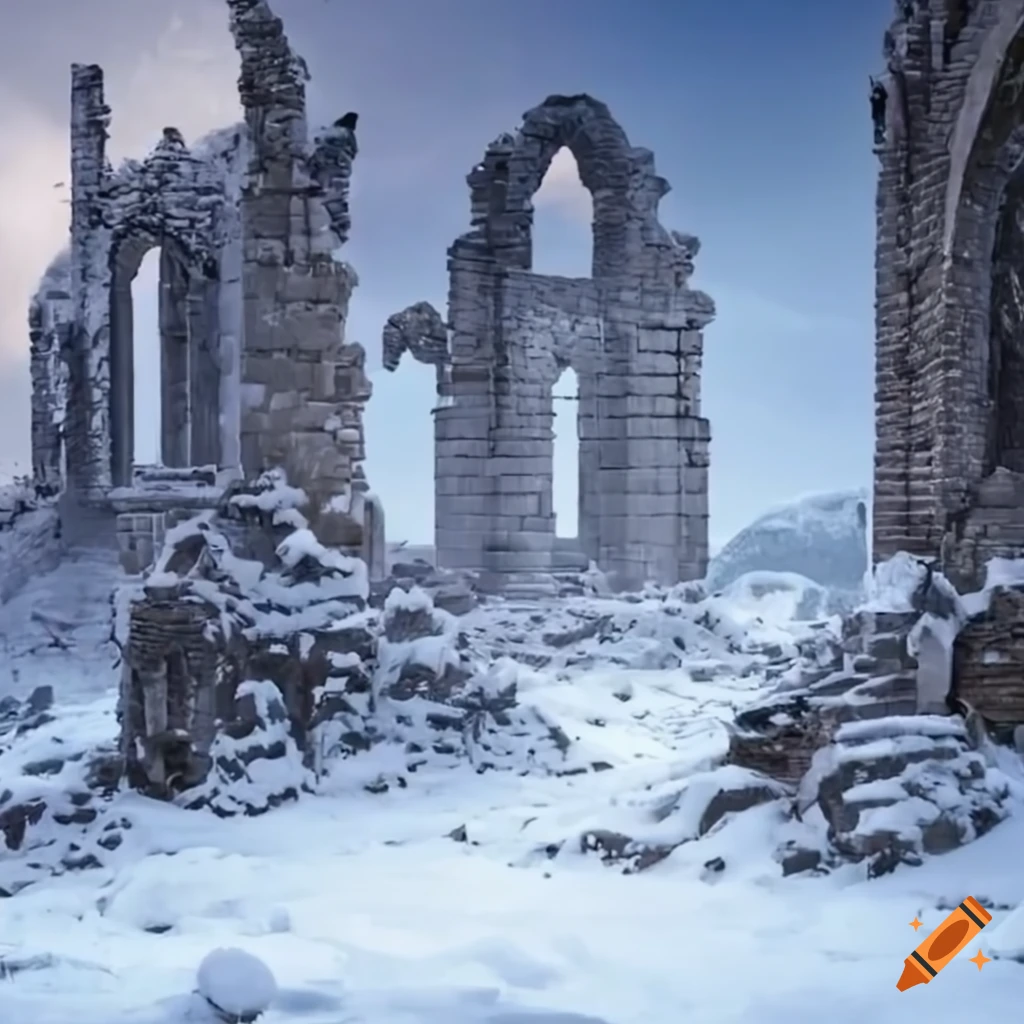 Snowy ruins in a winter landscape on Craiyon