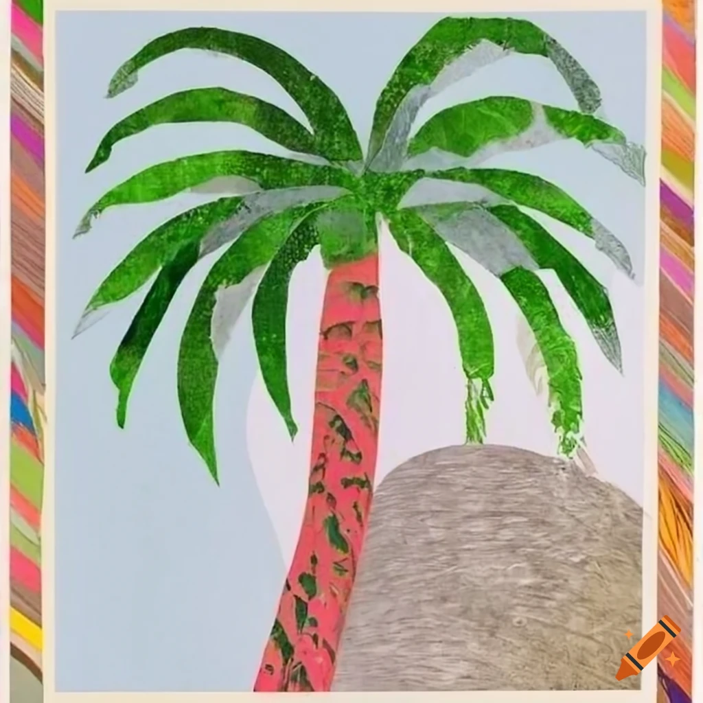 Collage artwork of a palm tree on white background